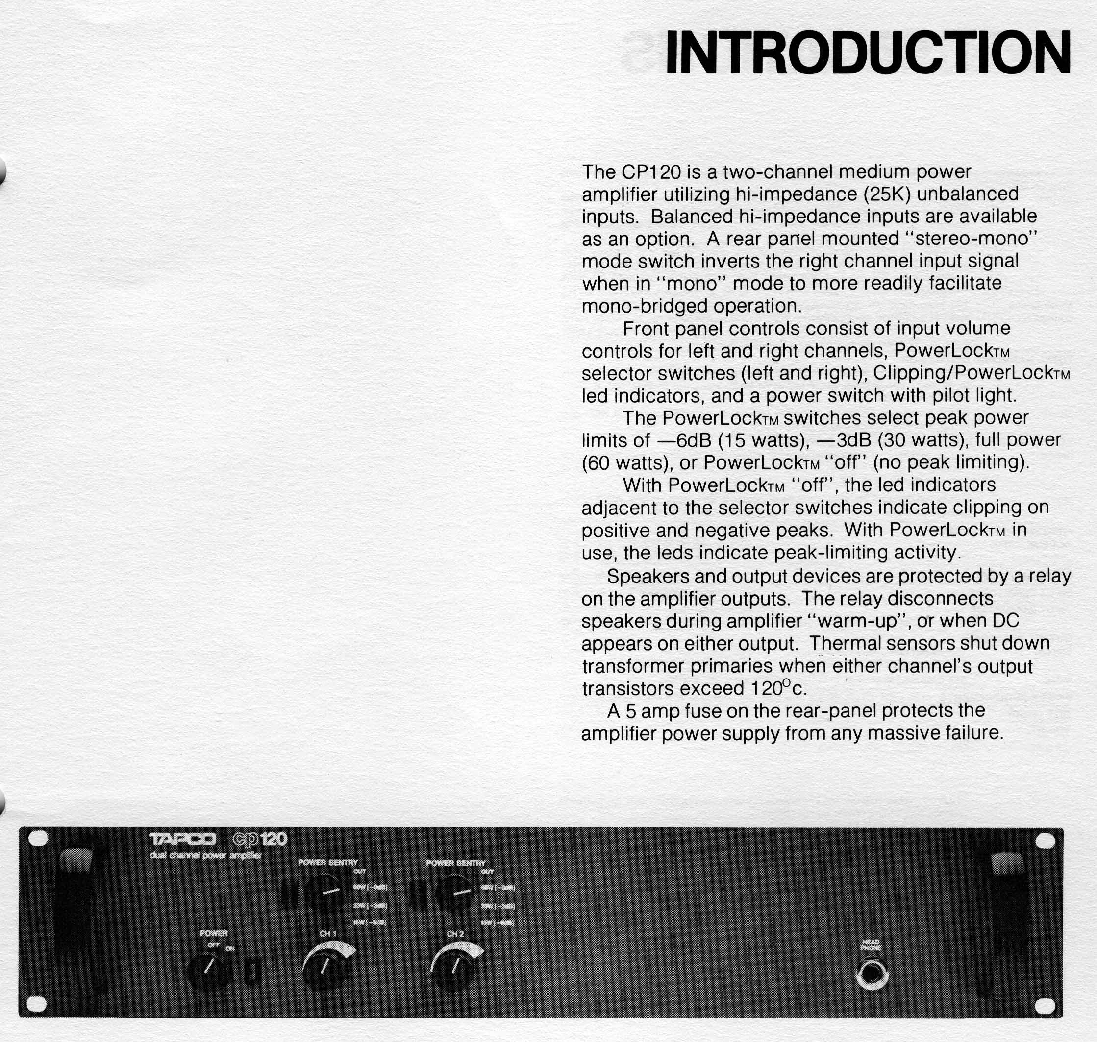 TAPCO CP120 Power Amp Service manual